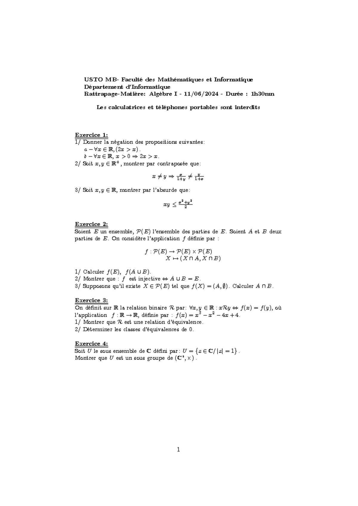 Examen 2 - Algèbre I - USTO MB - 2024 - Studocu