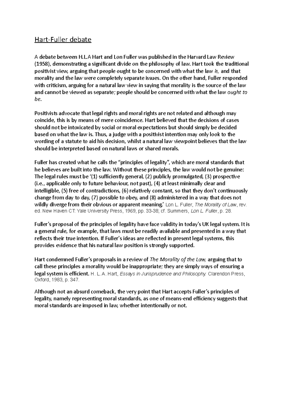 Debate between H.L.A Hart and Lon Fuller on philosophy of law - Studocu