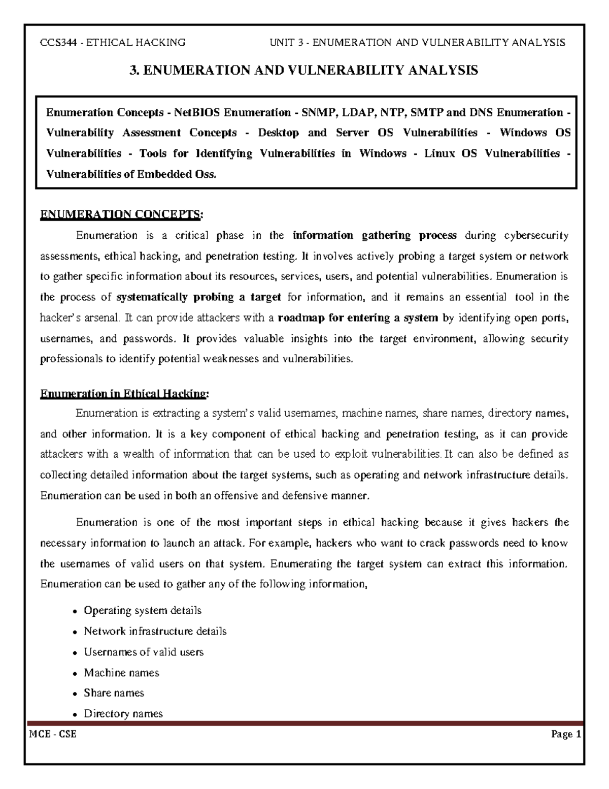 EH 3 - Enumeration and Vulnerability Analysis in Ethical Hacking - Studocu
