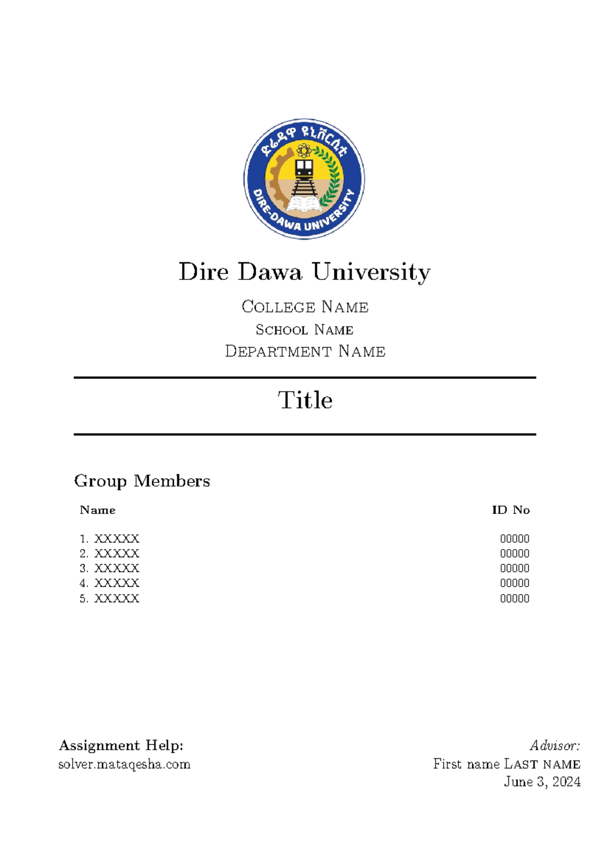 DDU assignment cover page - Direito Civil - Dire Dawa University ...
