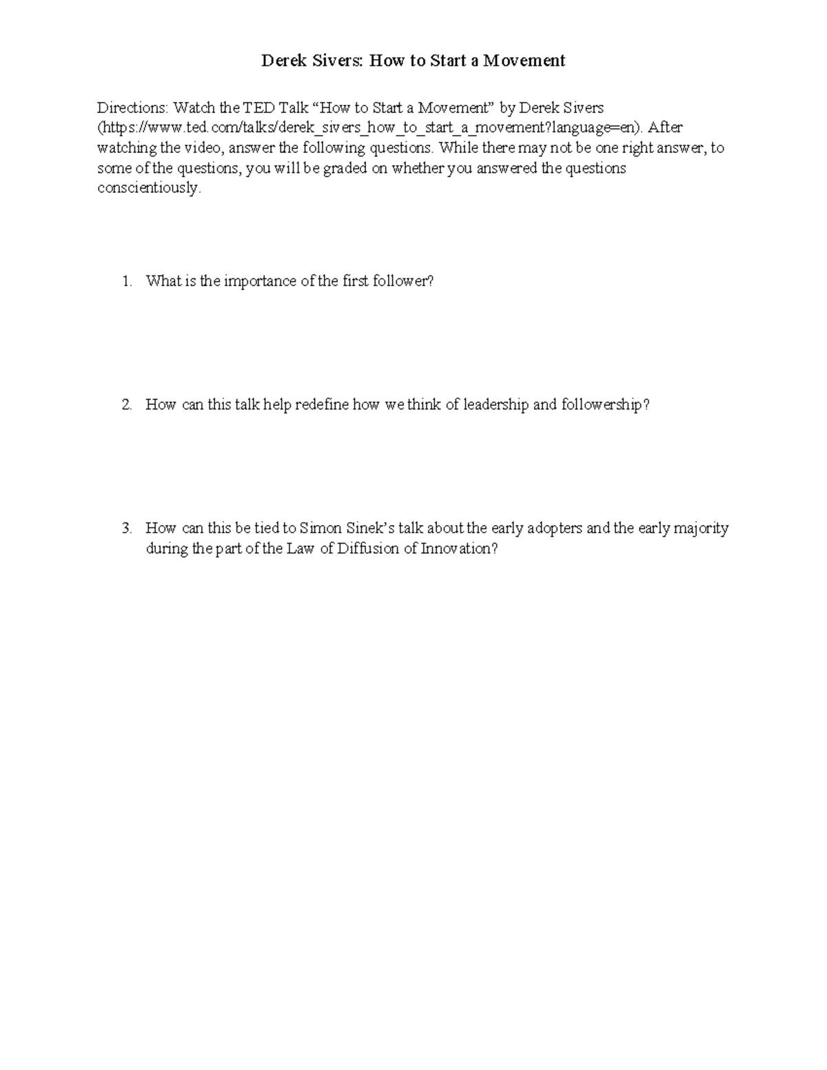 TED Talk Worksheet: Simon Sinek & Derek Sivers Insights - Studocu