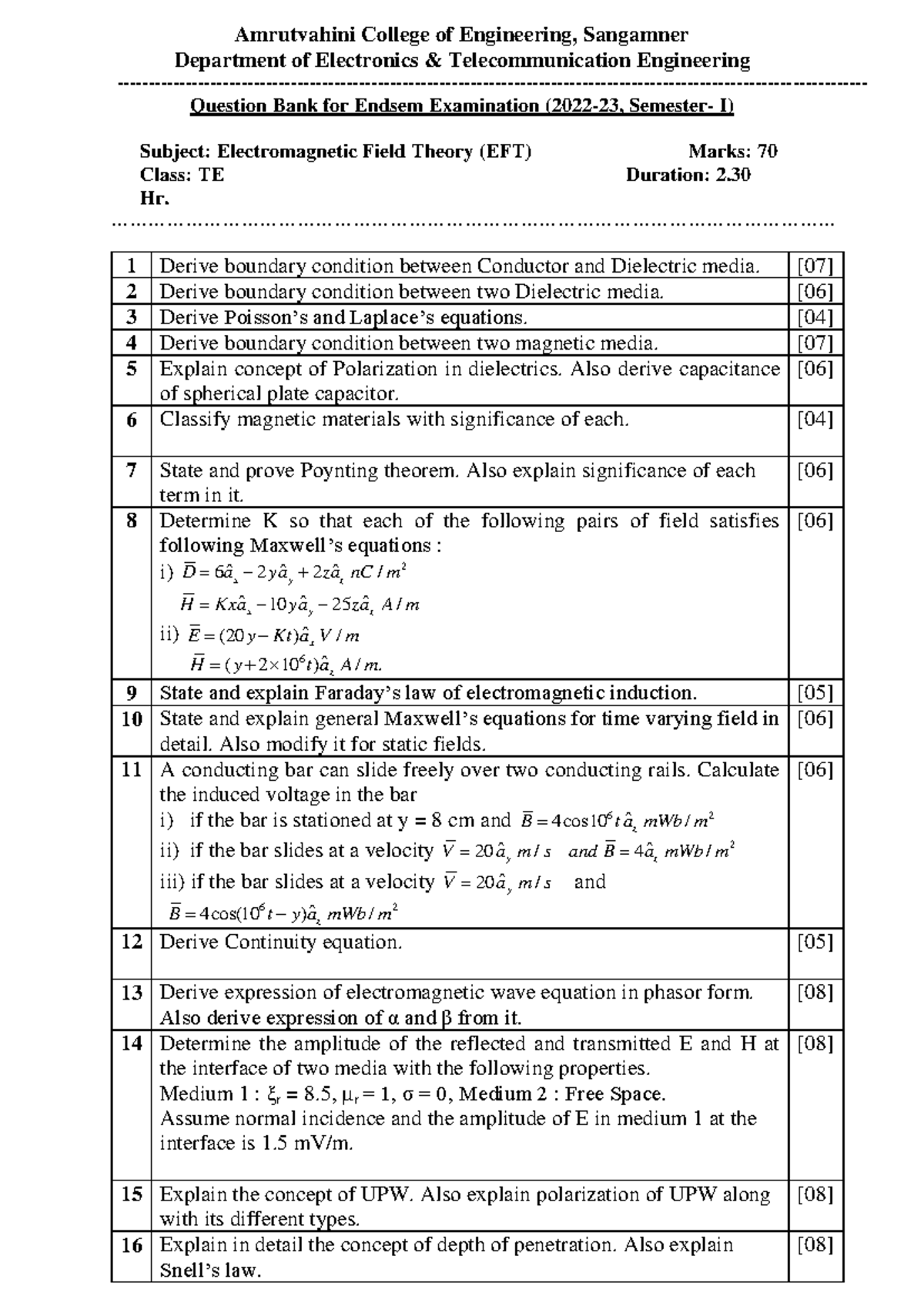 EFT Endsem Question Bank for Semester I (2022-23) - Studocu