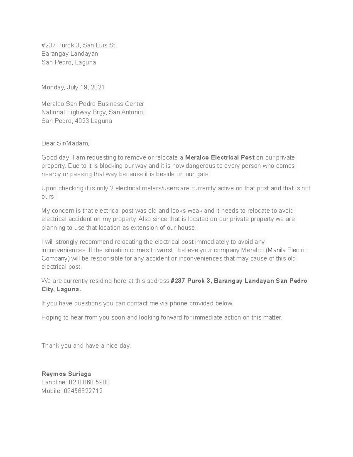 Electrical Post Relocation Request - Meralco San Pedro - Studocu