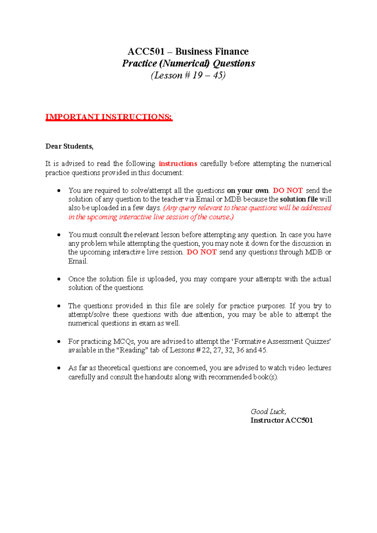 ACC501 Business Finance Numerical Practice Questions (Lesson 19-45 ...