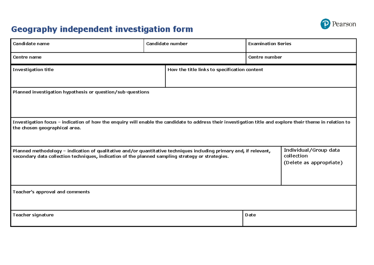 Geography Independent Investigation Form - GCE 9GE0/ Details - Studocu