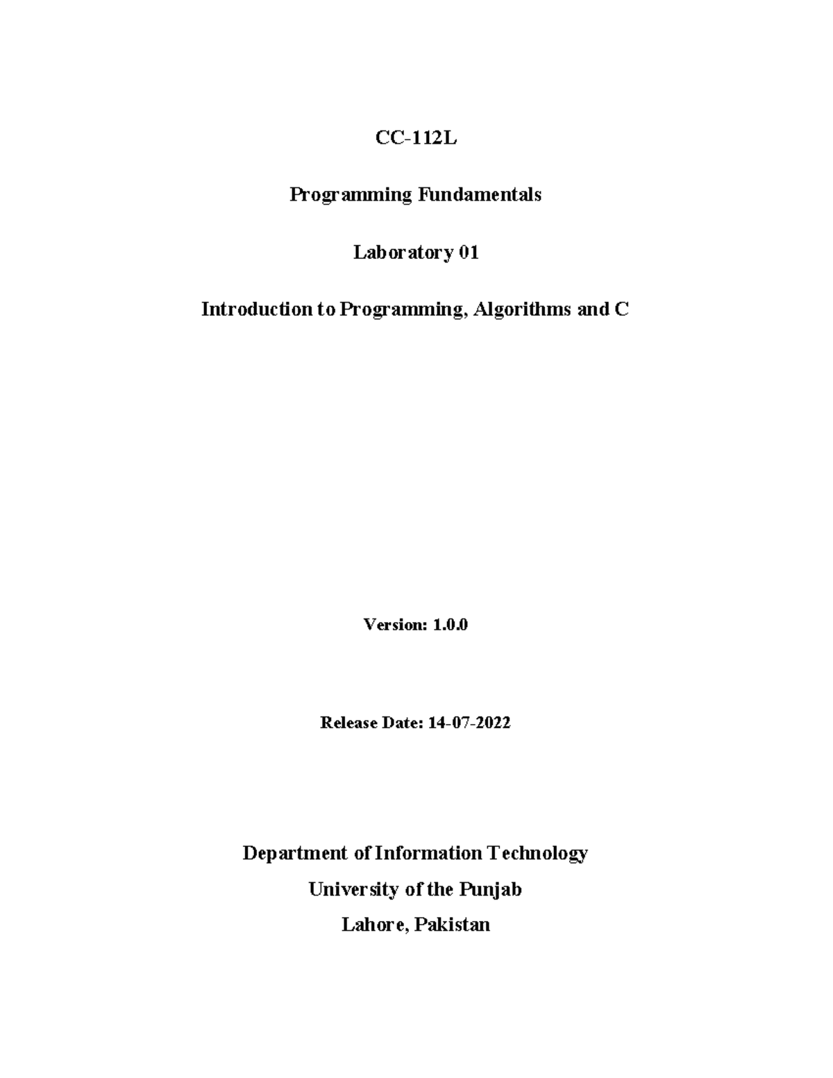 CC-112L PF Lab-01v1 - lab practice file - CC-112L Programming Fundamentals Laboratory 01 - Studocu