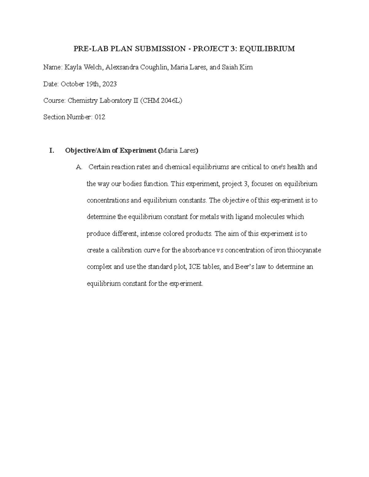Project 3: Equilibrium Experiment Plan for CHM 2046L Lab - Studocu