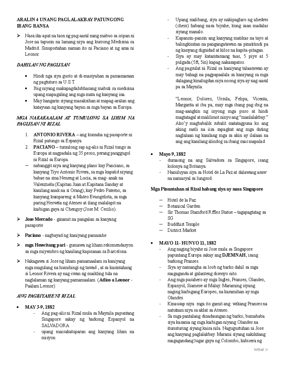 Aralin 4: Buhay ni Rizal - Unang Paglalakbay Patungong Ibang Bansa - Studocu