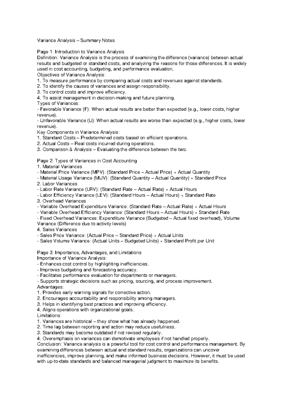 Variance Analysis Summary Notes: Key Concepts & Types - Studocu