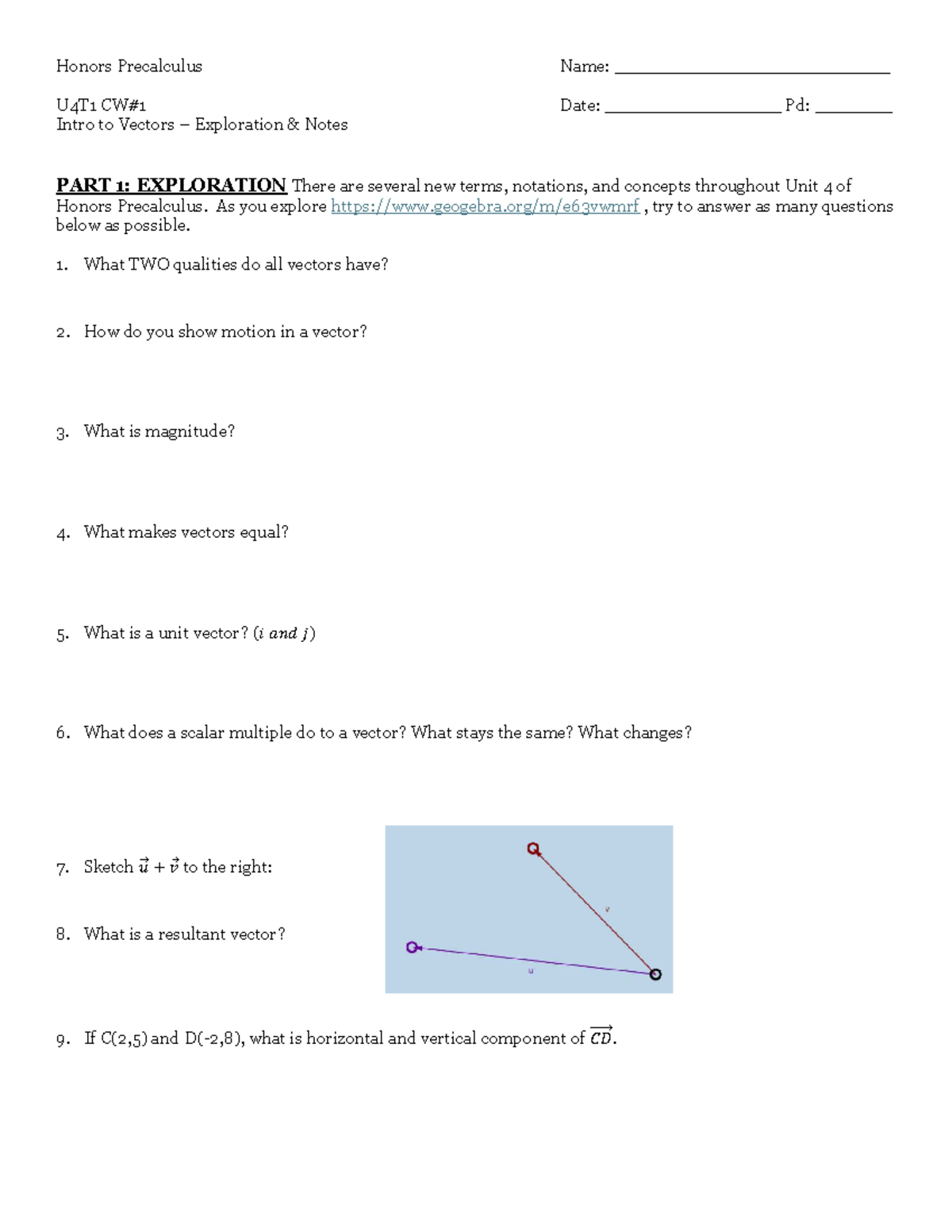Honors Precalculus U4T1: Exploration & Intro to Vectors Notes - Studocu
