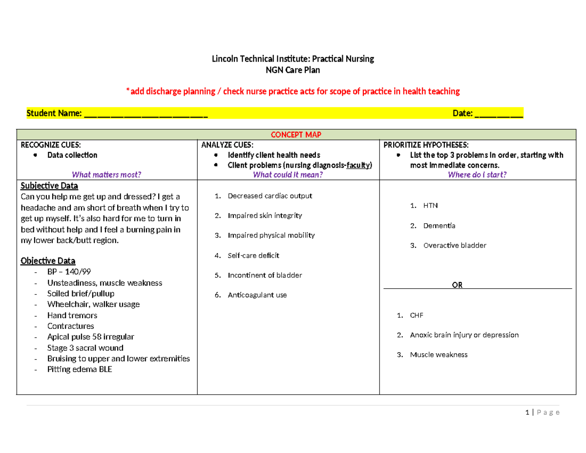 NGN Care Plan PN Template - Discharge Planning and Nursing Actions ...