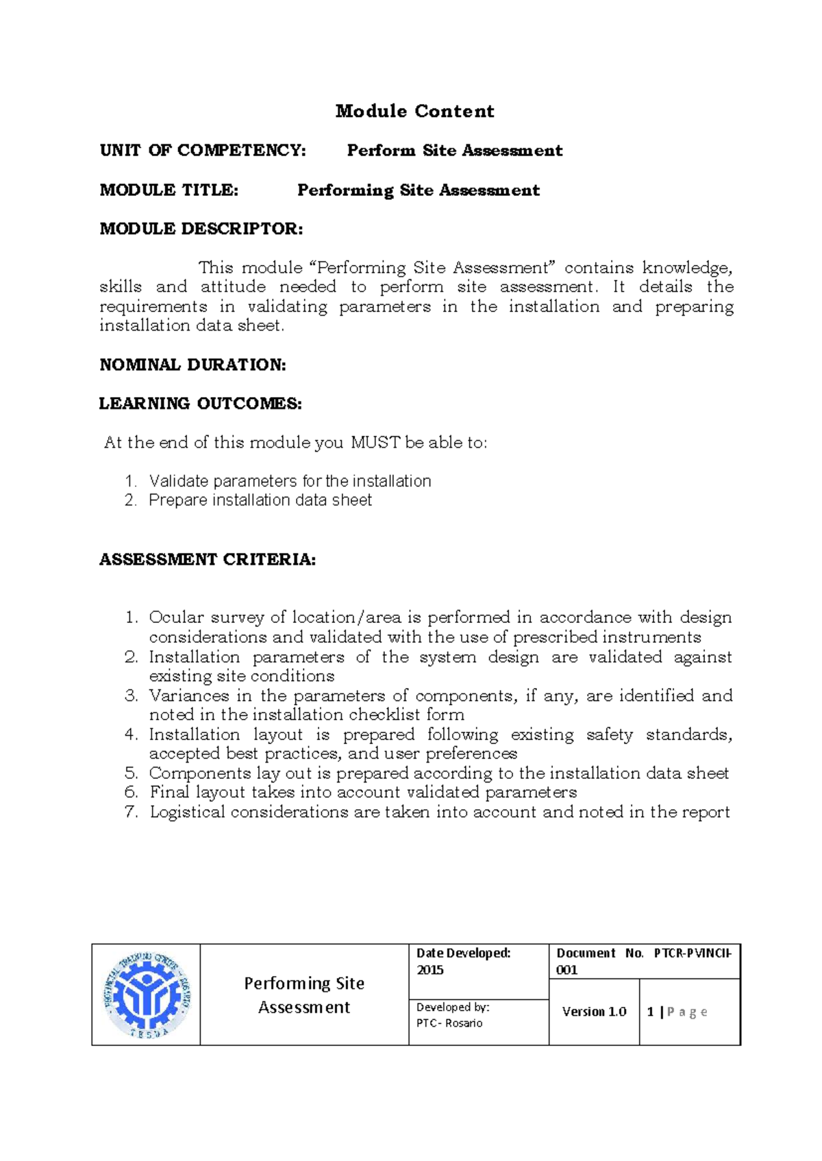 Performing Site Assessment (PTC Rosario) - Module Overview and ...