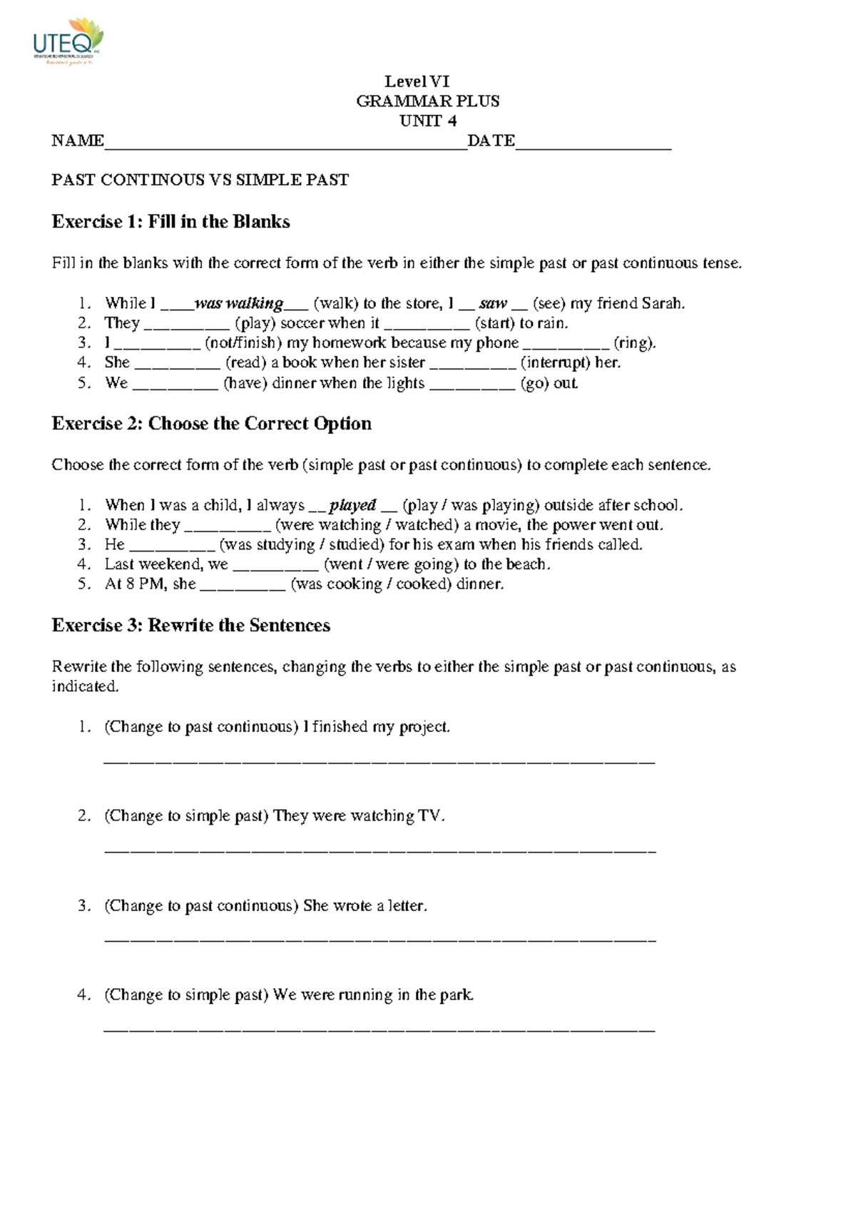 Actv gramm ingles wil - pdf - Level VI GRAMMAR PLUS UNIT 4 - Studocu