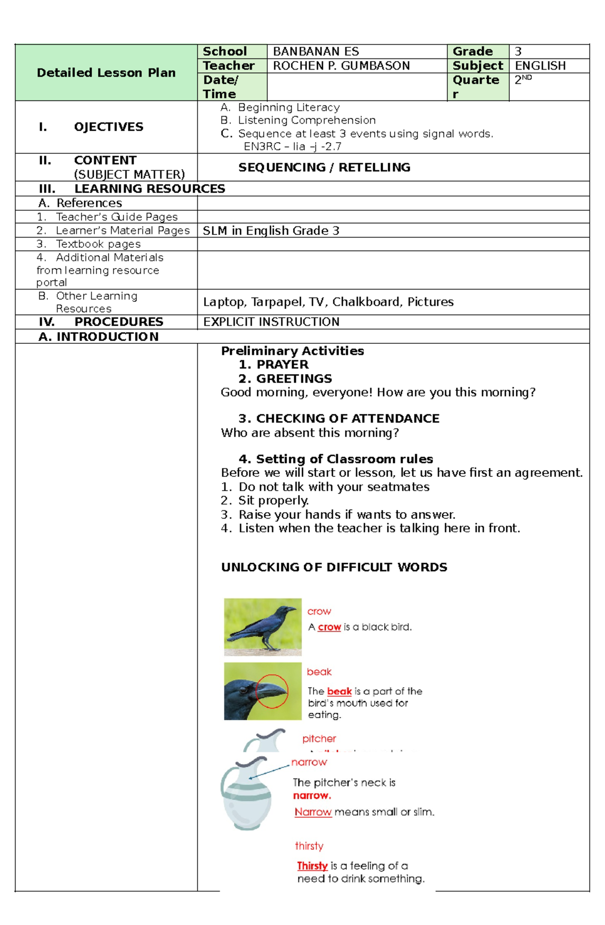 Detailed Lesson Plan for English 3: Sequencing Q2 WEEK 5 - Studocu
