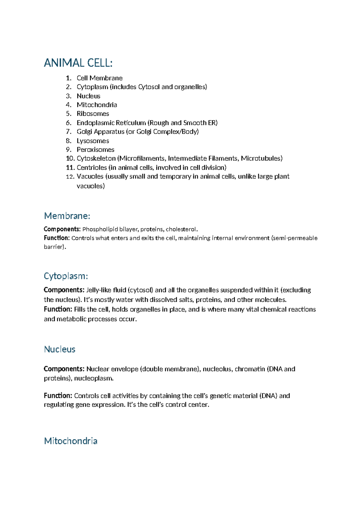 ANIMAL CELL STRUCTURE & FUNCTION: Membrane, Nucleus, Organelles - Studocu