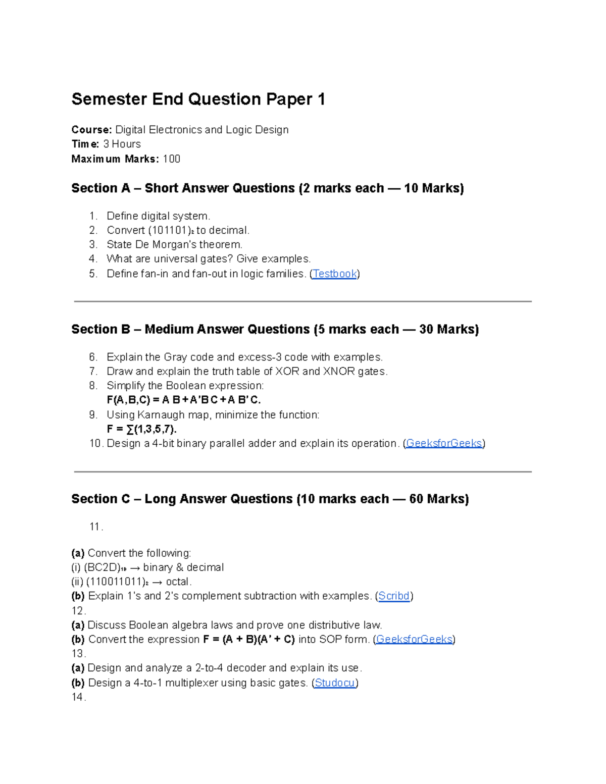 Semester End Question Paper 1 & 2 - Digital Electronics & Logic - Studocu