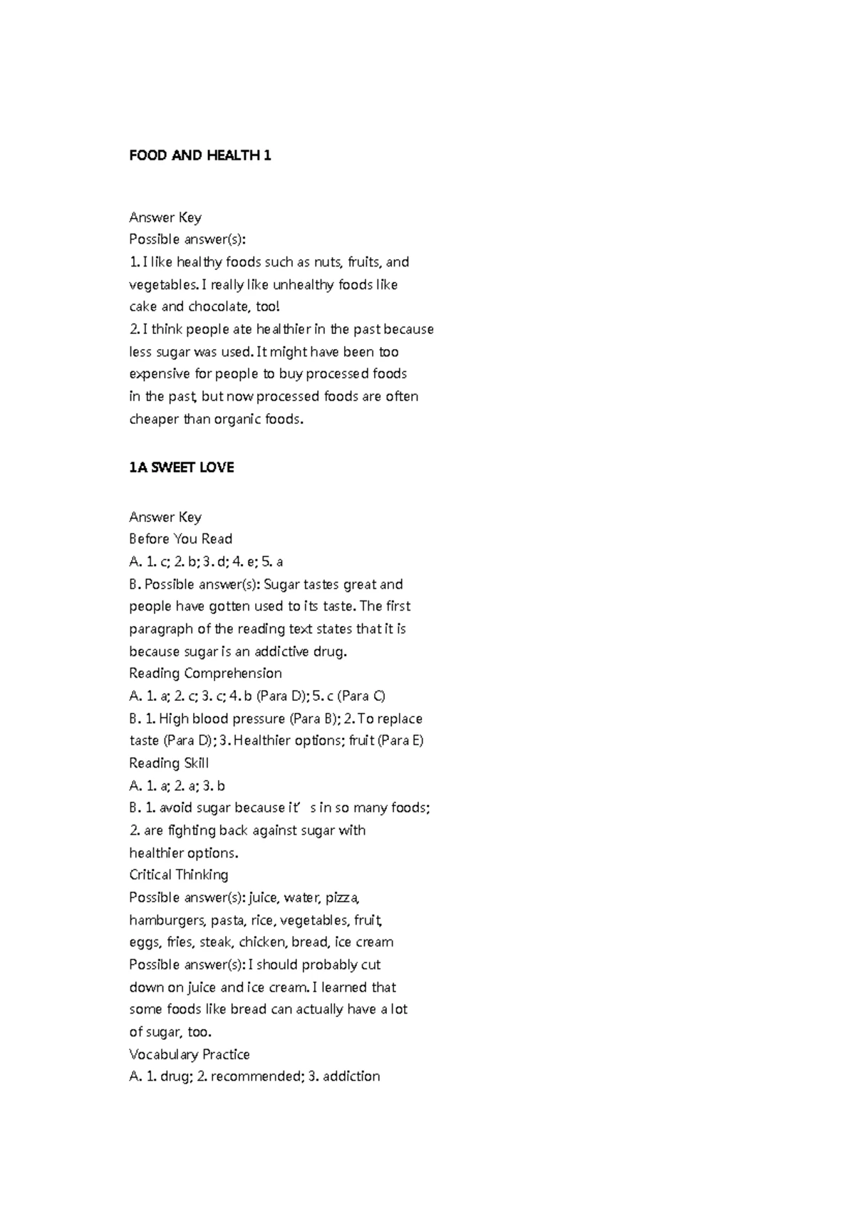 Reading Explorer 3rd, 2, Answer Keys - FOOD AND HEALTH 1 Answer Key ...