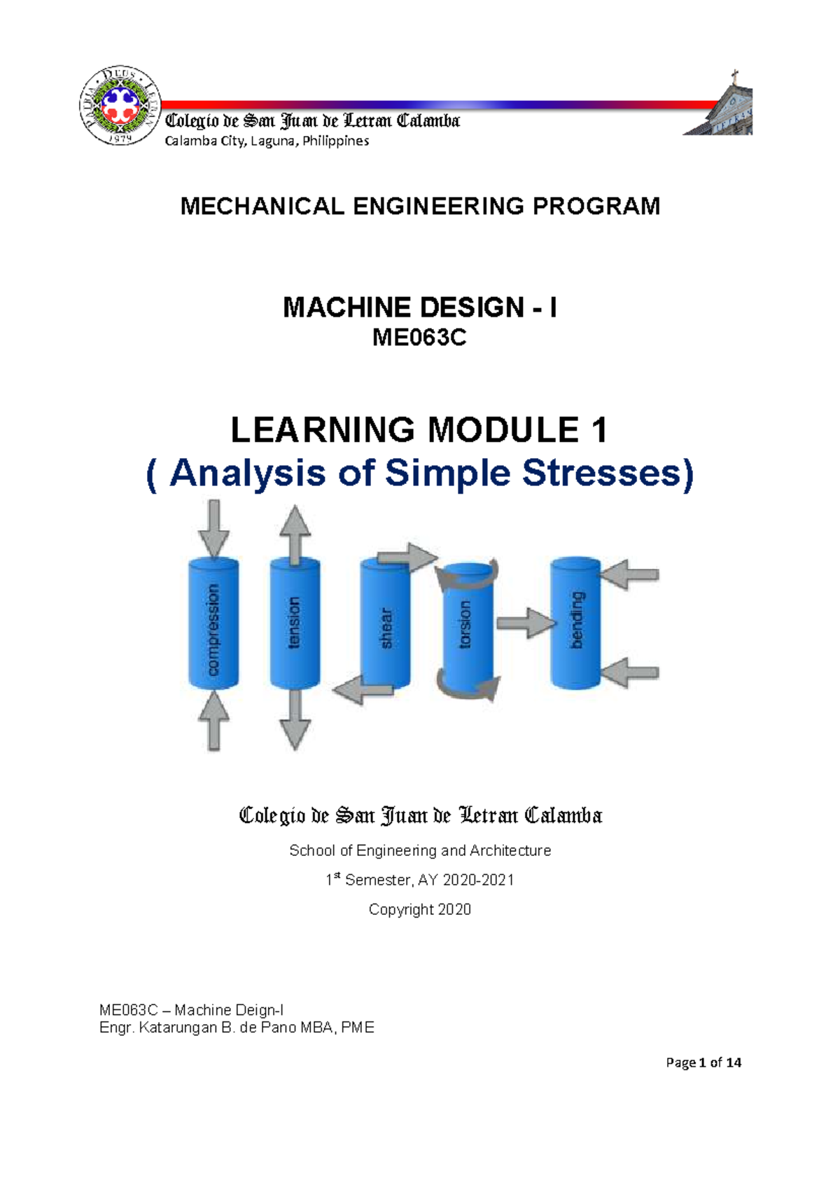 ME063C - Learning Module 1: Analysis of Simple Stresses in Machine Design - Studocu