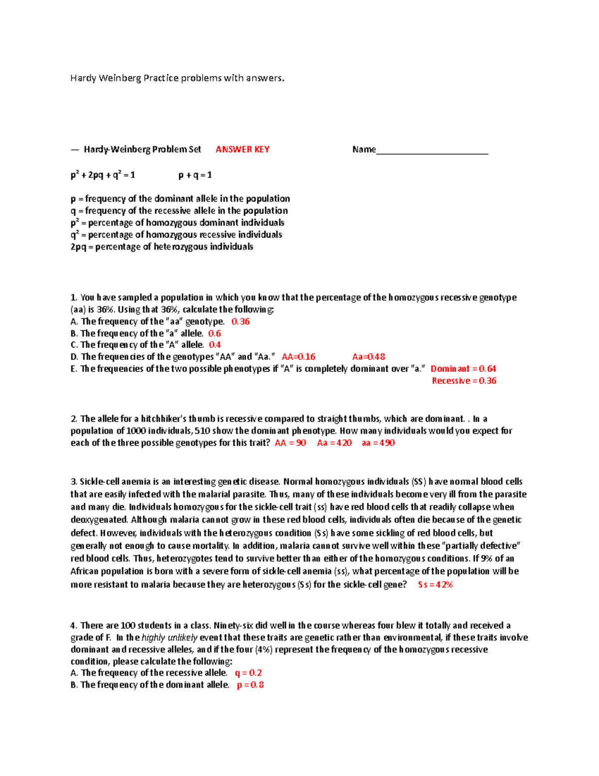 Hardy-Weinberg Practice Problems & Solutions (Genetics Study) - Studocu