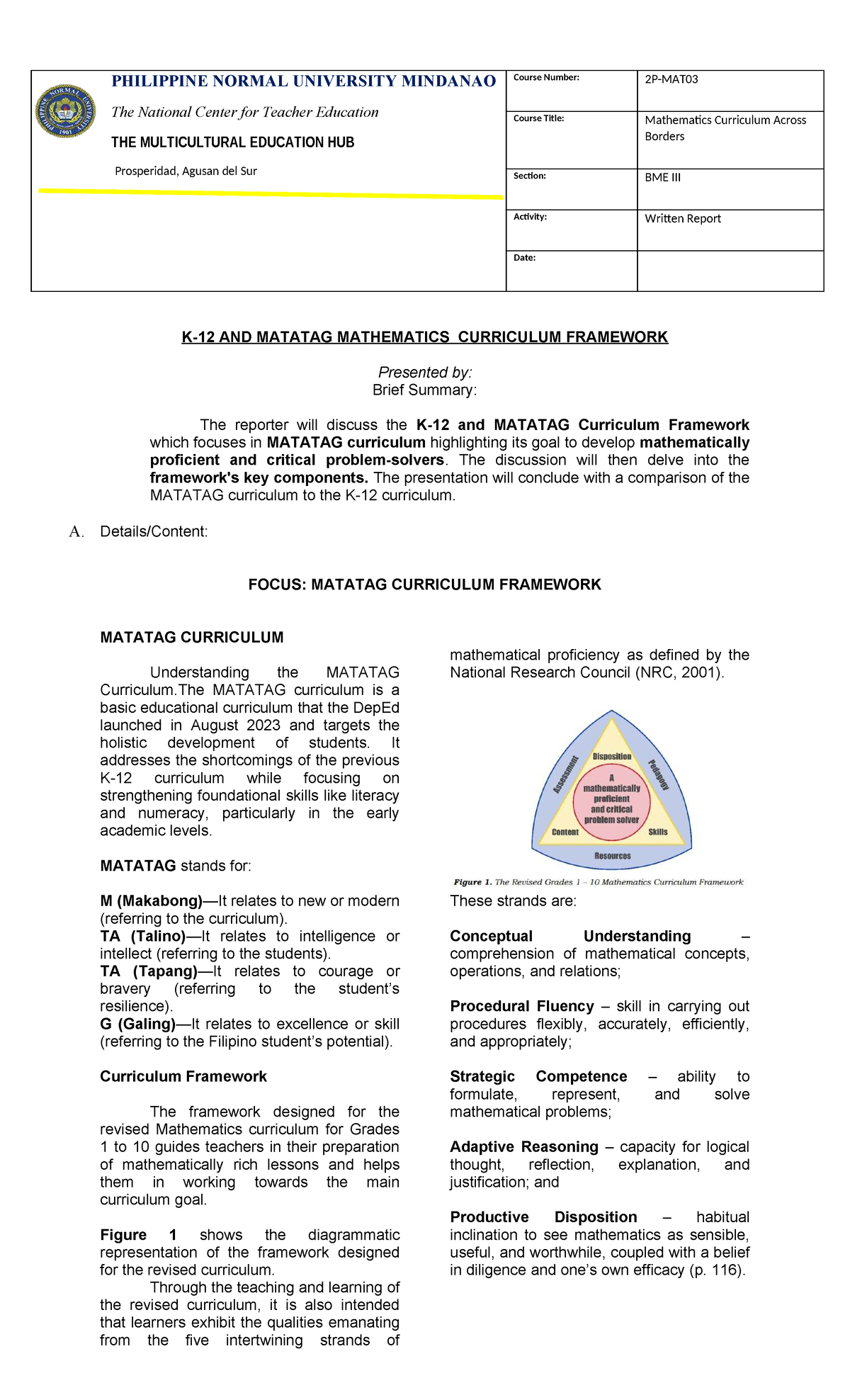 BME Written Report: MATATAG Curriculum Framework Overview - Studocu