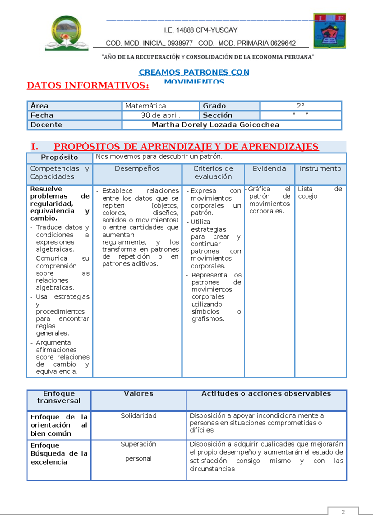 CREAMOS PATRONES CON MOVIMIENTOS: APRENDIZAJE EN MATEMÁTICA II - Studocu