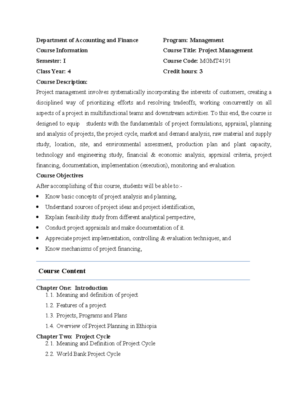 Project Management Course Outline MGMT4191 - Semester I - Studocu