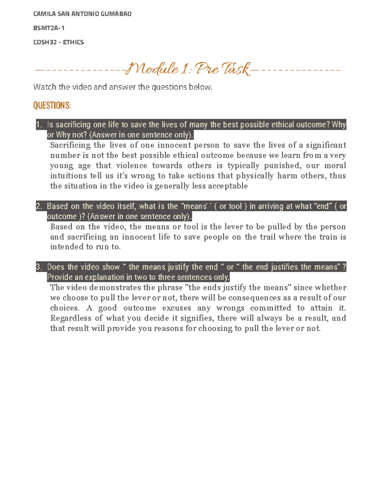 Gumabao M1 - COSH32 Ethics Pre-Task Reflection and Questions - Studocu