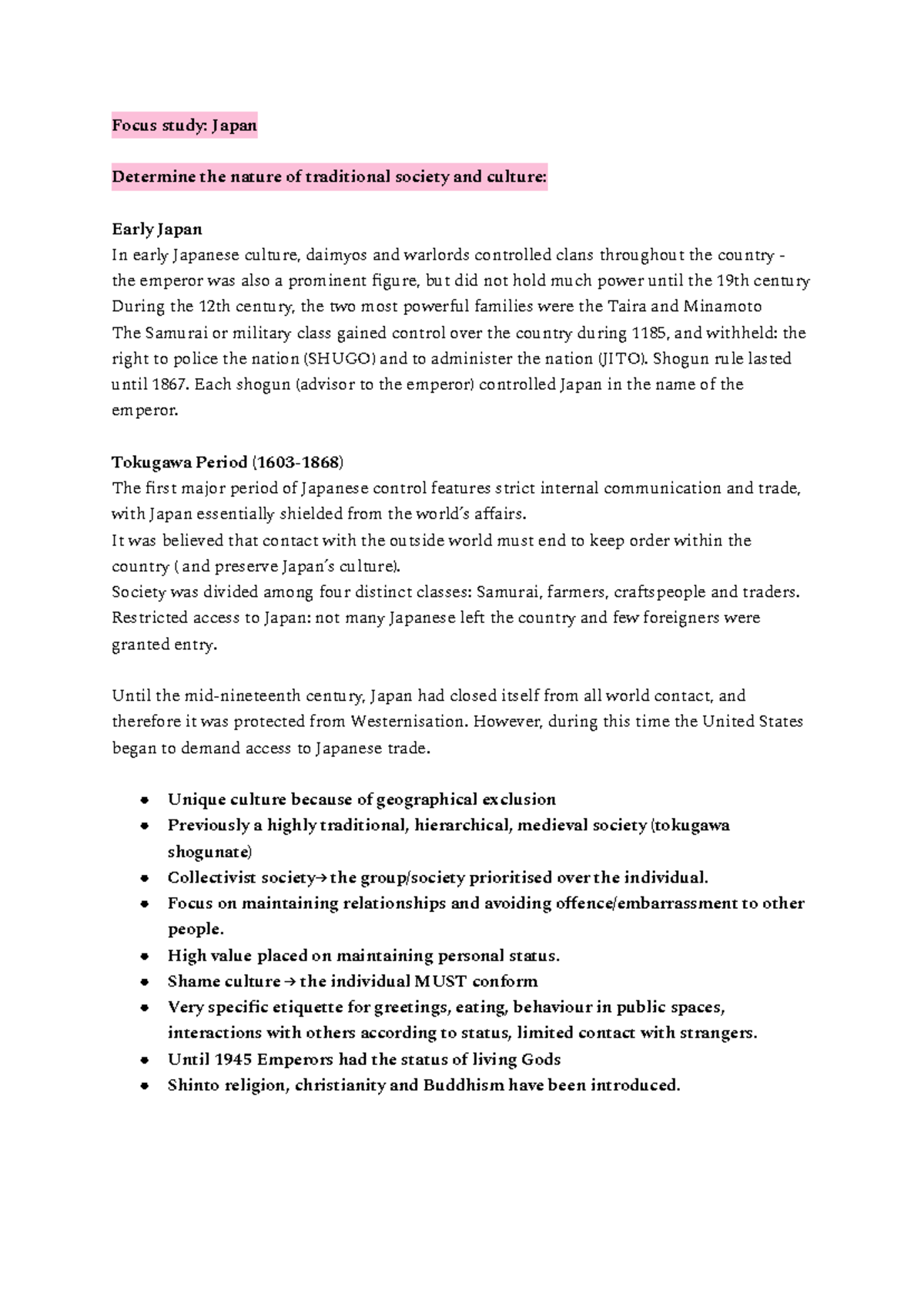 Focus Study: Japan SAC - Traditional Society & Cultural Evolution - Studocu