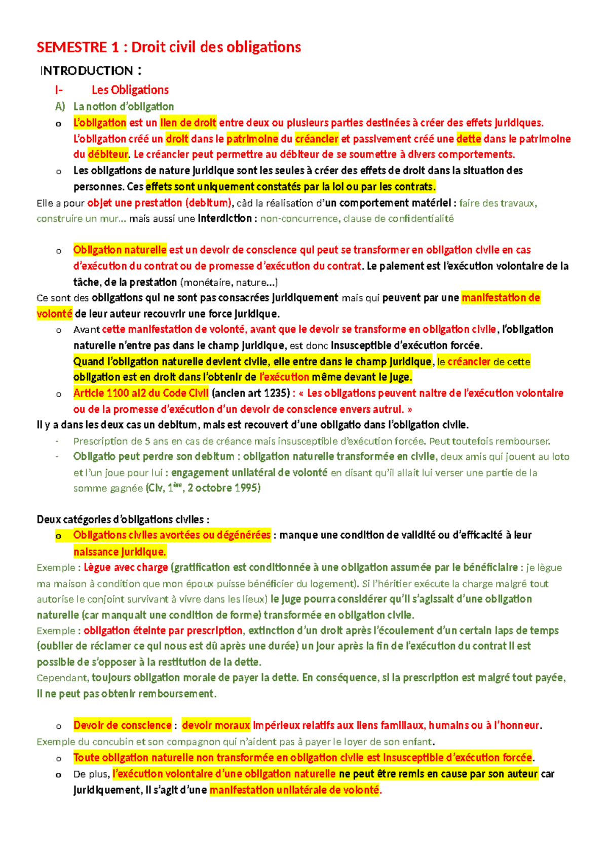 Semestre 1 : Introduction au Droit Civil des Obligations - Studocu