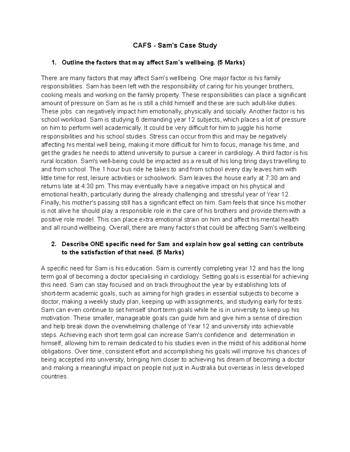 CAFS Case Study: Factors Affecting Wellbeing and Goal Setting - Studocu