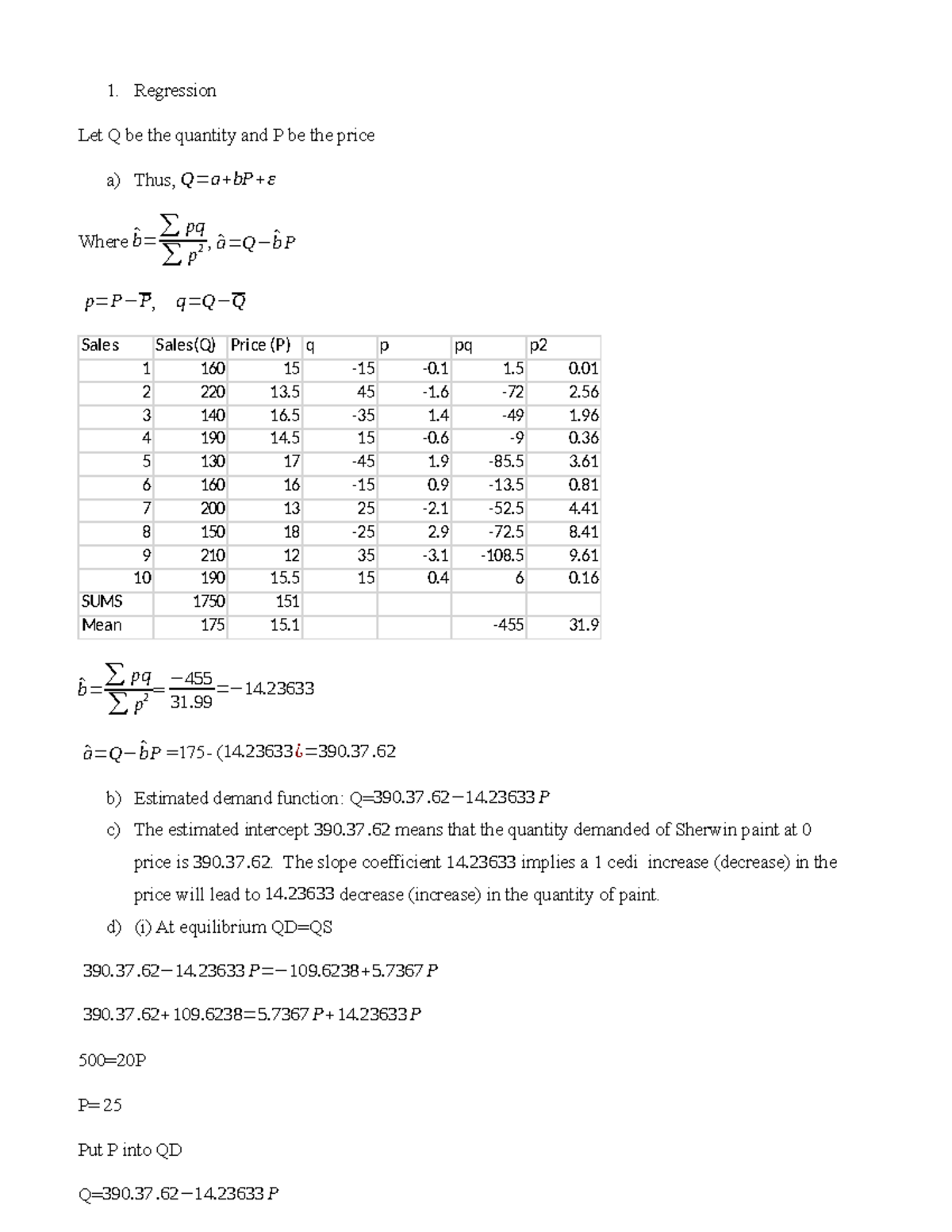 Regression Analysis of Demand Function and Price Elasticity - Studocu