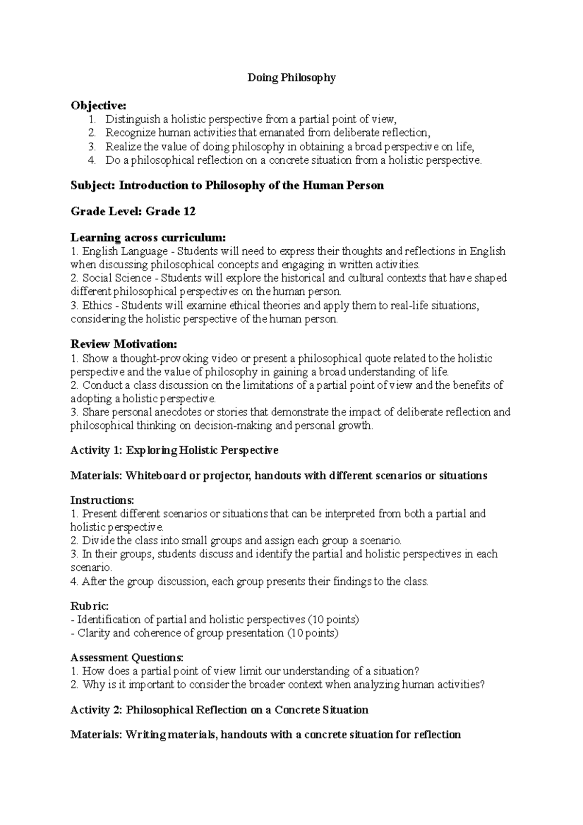 Grade 12 Lesson Plan: Holistic Approach in Philosophy of Human Person ...