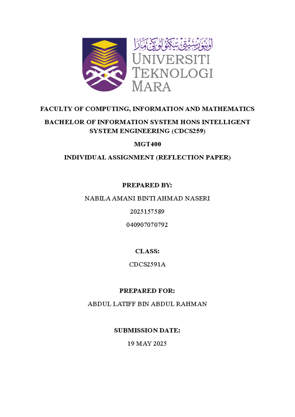 MGT400 - Reflection Paper on Intelligent System Engineering Insights ...