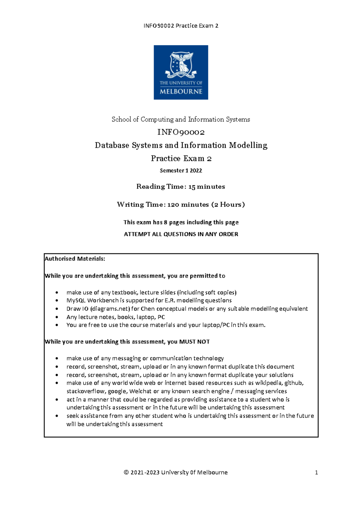 INFO90002 Practice Exam 2 - Database Systems Concepts and SQL Tasks - Studocu