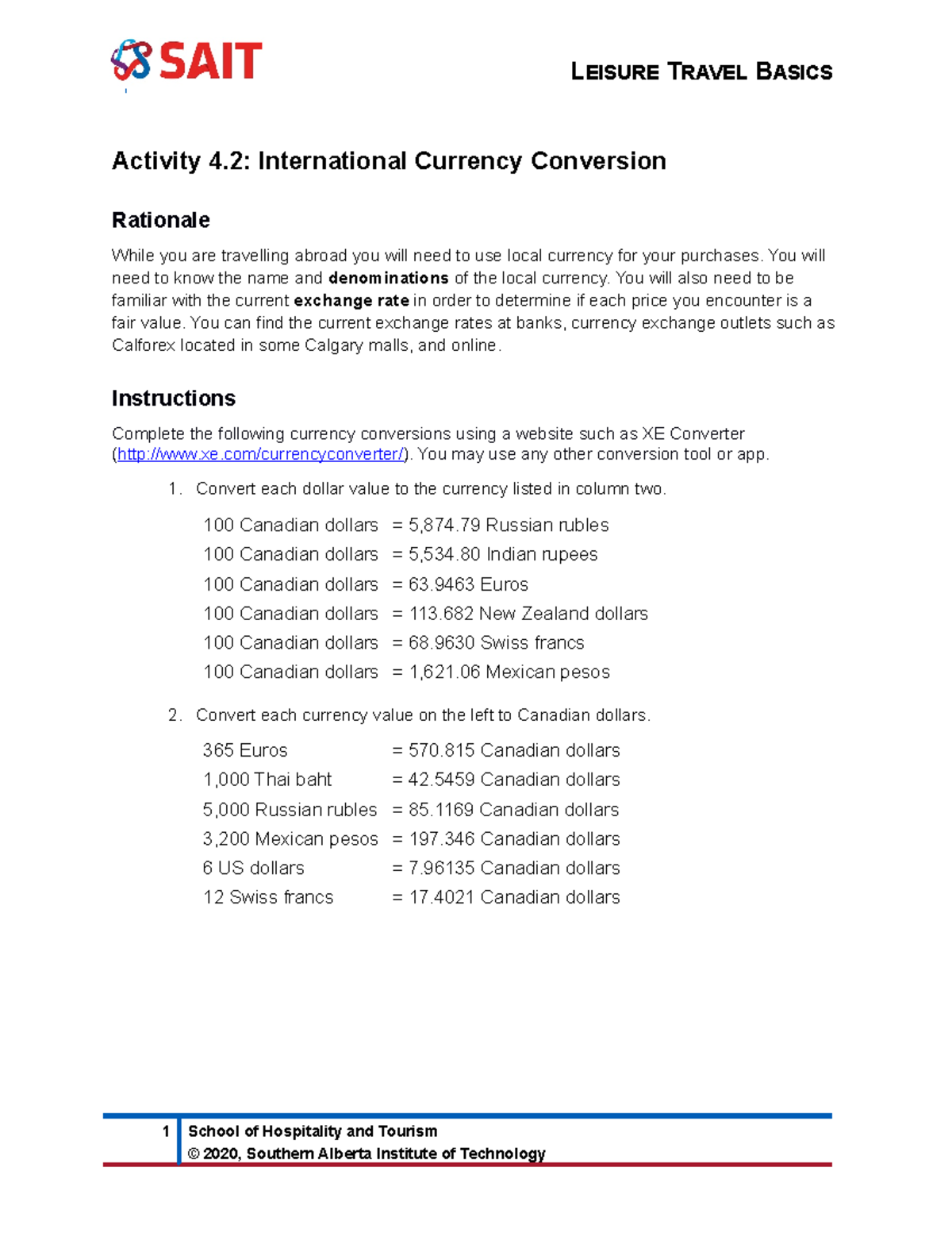 Activity 4.2 International Currency Conversion - TOUR 206 - SAIT ...