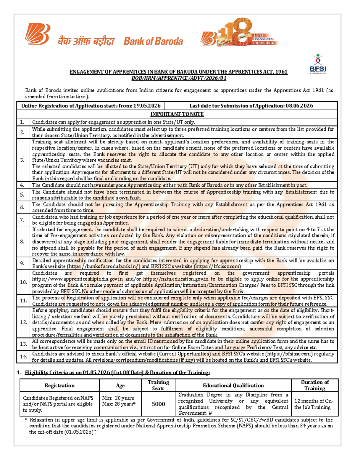 Bank of Baroda Apprenticeship Engagement Notification (BOB-2026) - Studocu