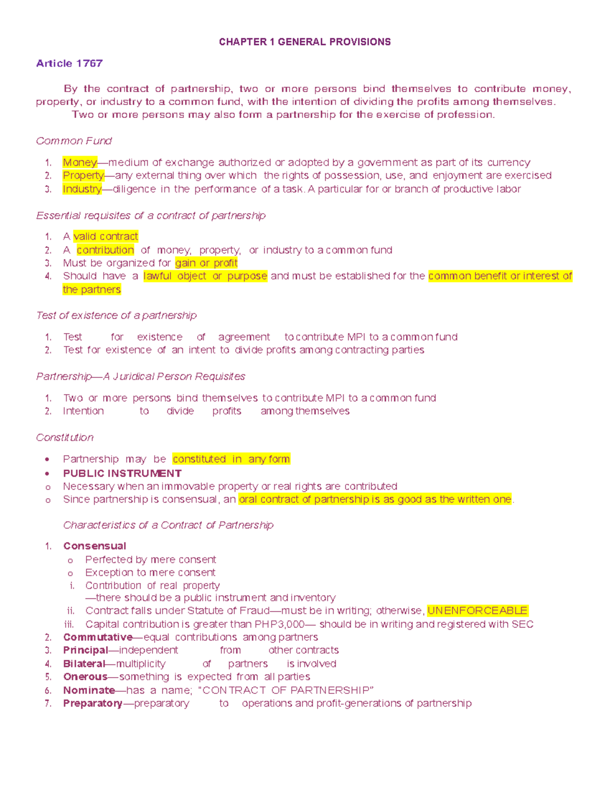 Law 101: Chapter 1 - General provisions on partnership contracts - Studocu