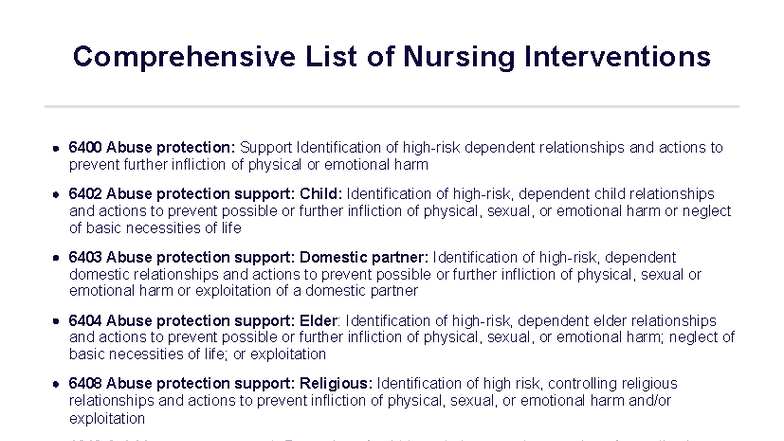 Comprehensive Nursing Interventions List for Course 6400-8180 - Studocu