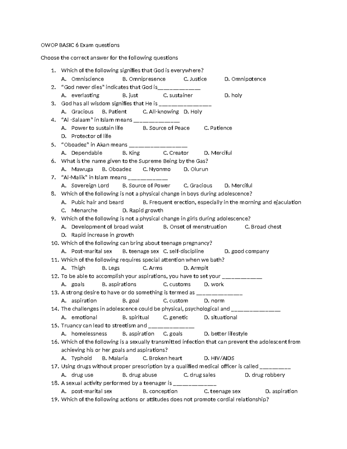 OWOP BASIC 6 Final Exam Questions on Adolescence and Health - Studocu