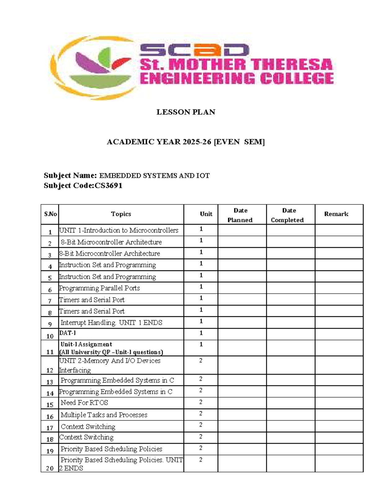 CS3691 Lesson Plan for Embedded Systems and IoT - Studocu