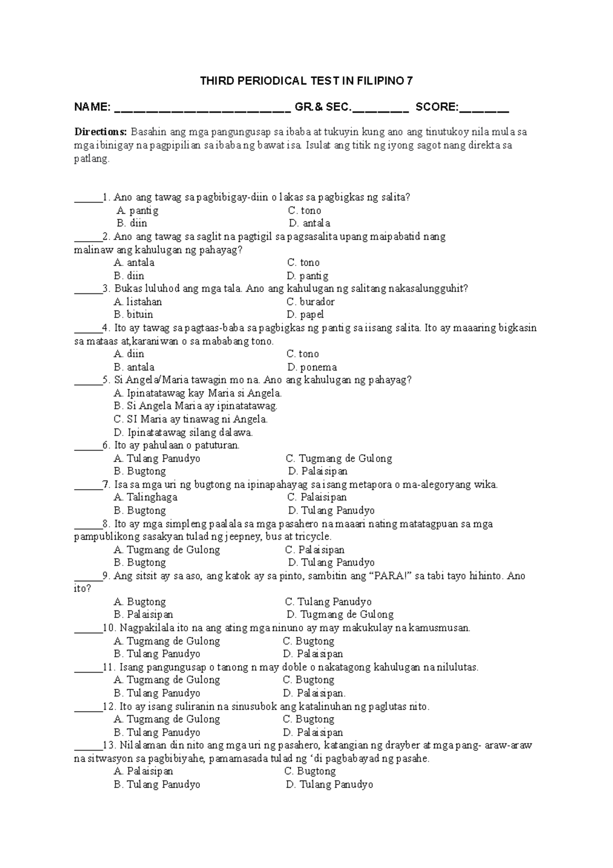 PT G7 Filipino Third Periodical Test Answers and Directions - Studocu
