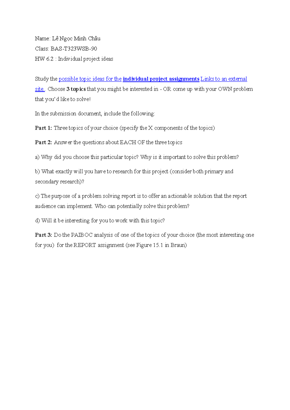 HW 6.2 Individual Project Ideas by Lê Ngọc Minh Châu - Studocu