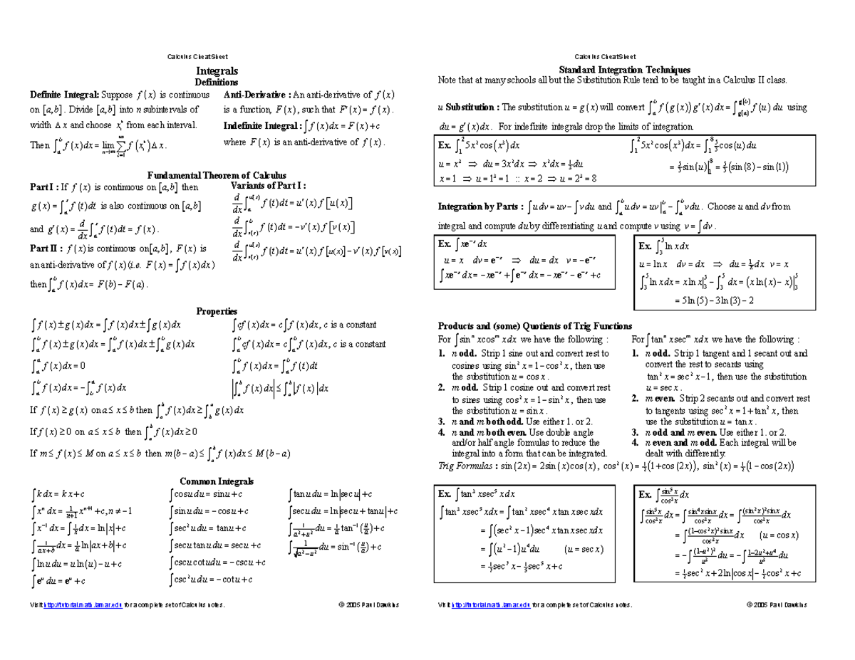 Calculus Cheat Sheet Integrals Reduced - Calculus Cheat Sheet Visit tutorial.math.lamar for a ...