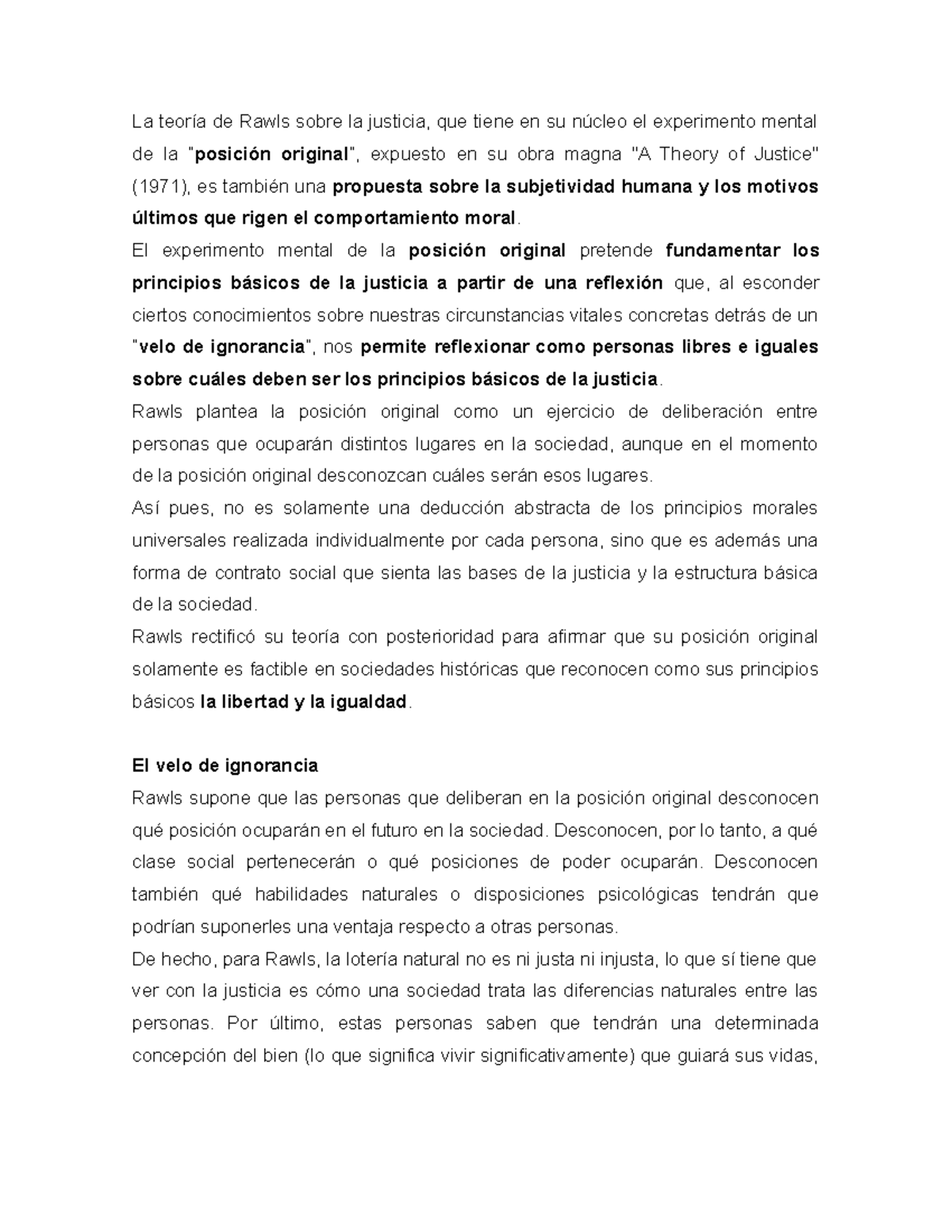 Teoría de la Justicia de Rawls: Pposición Original y Maximin - Studocu