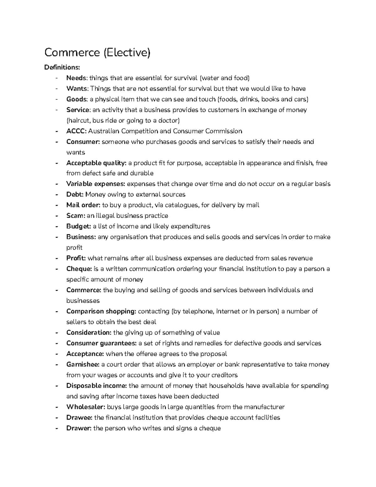 Commerce Exam Notes: Consumer & Financial Decisions (Course Code ...