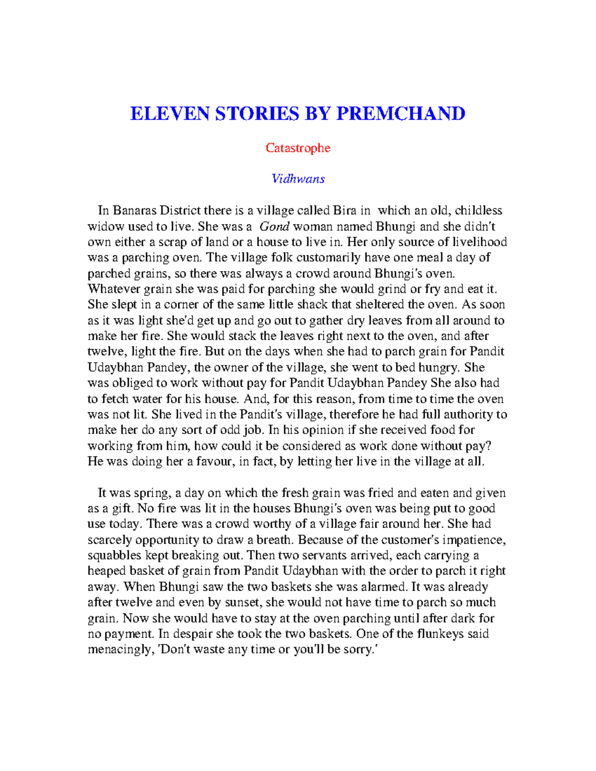 Premchand's "Catastrophe" and Other Stories: ELEVEN STORIES (Syllabus ...