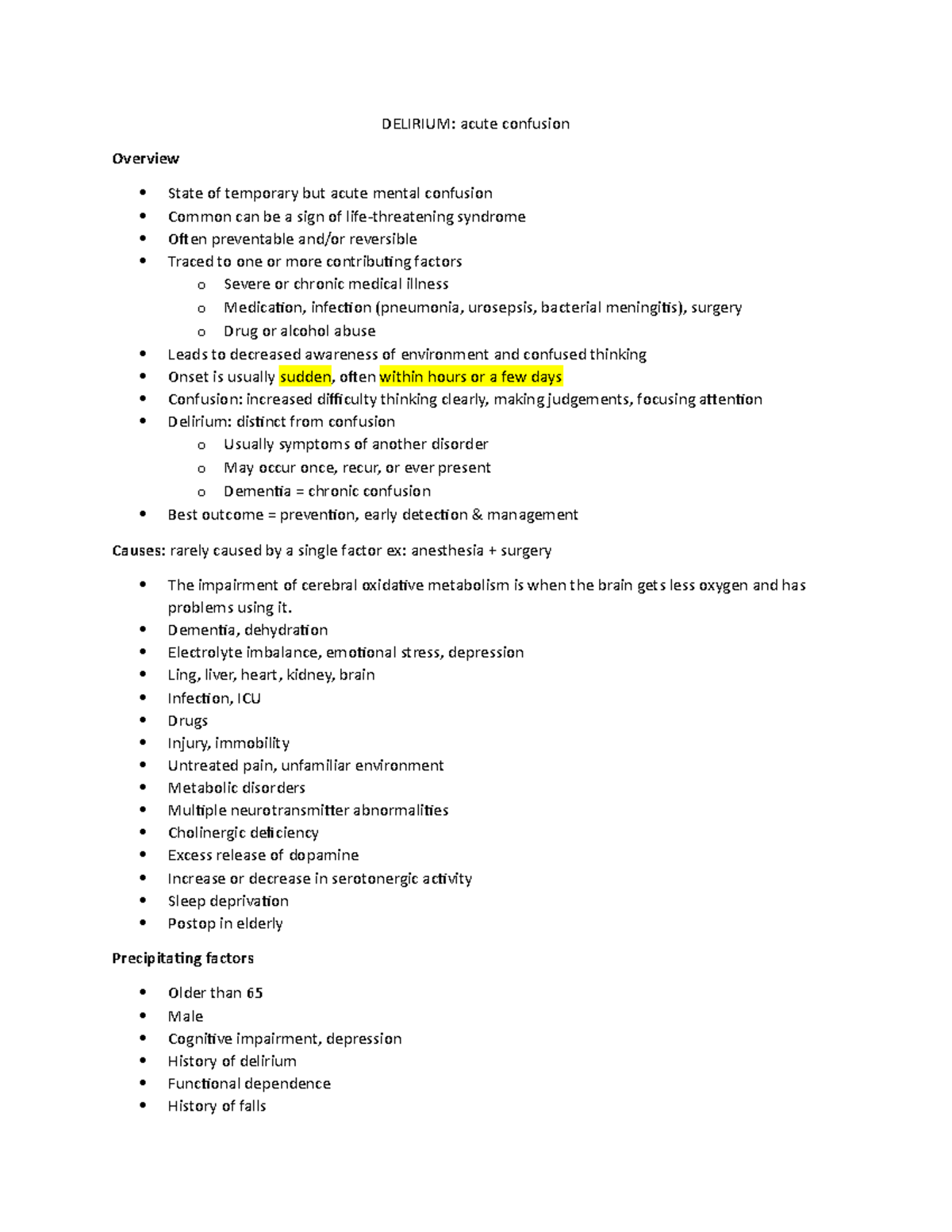 Delirium - nursing - DELIRIUM: acute confusion Overview State of ...