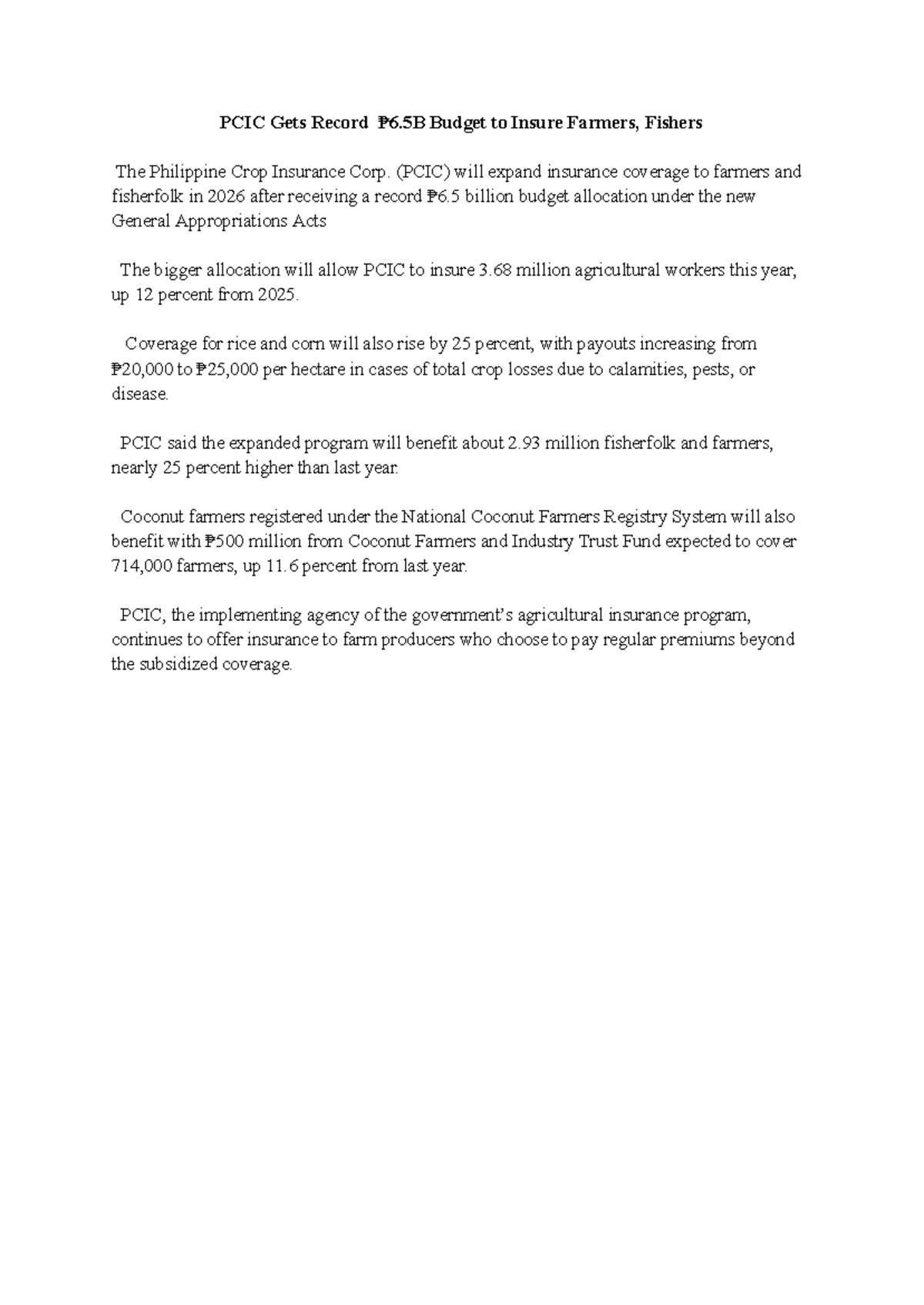 PCIC Expands Insurance Coverage for Farmers & Fishers in 2026 - Studocu