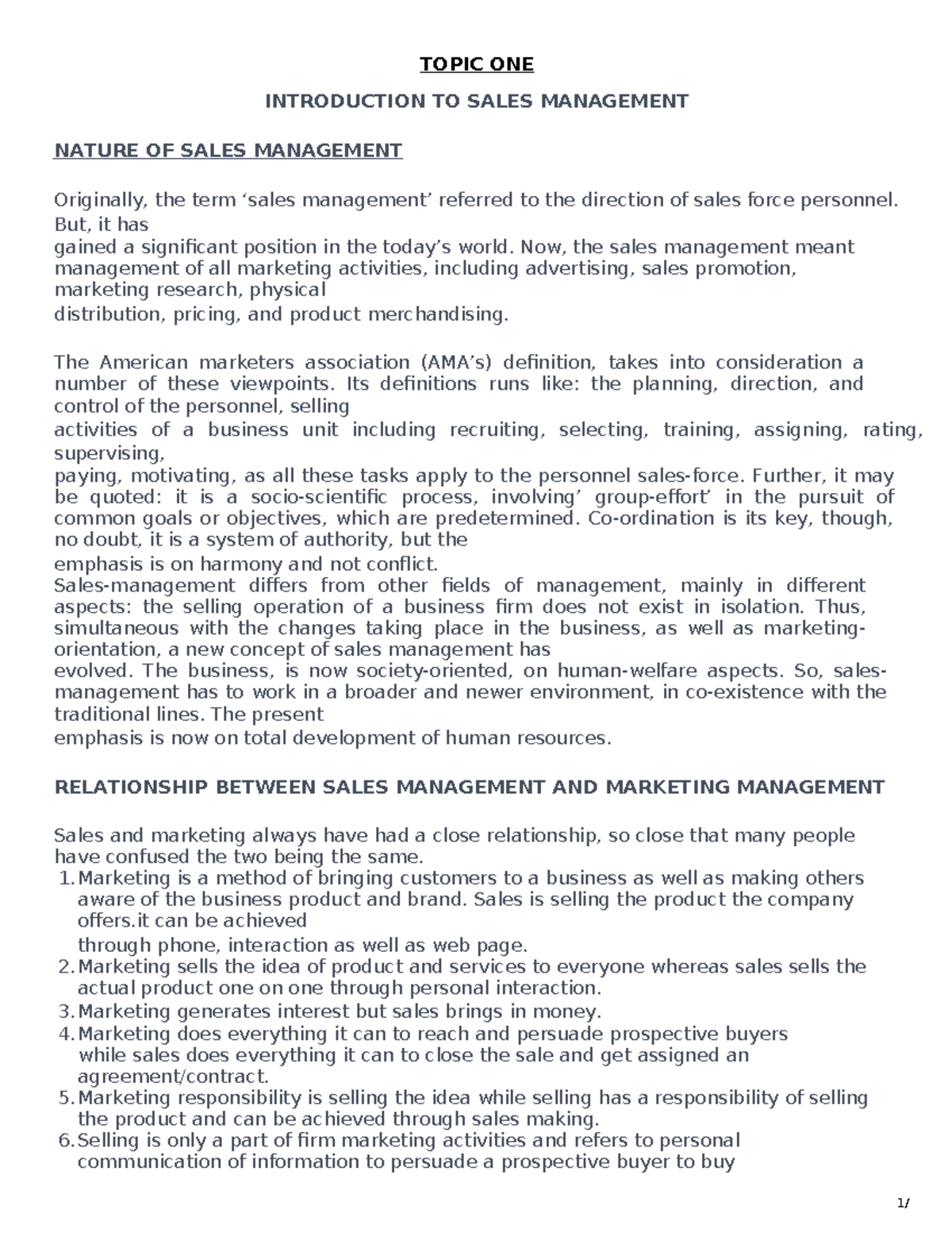 Introduction TO Sales Management - 1 / TOPIC ONE INTRODUCTION TO SALES ...
