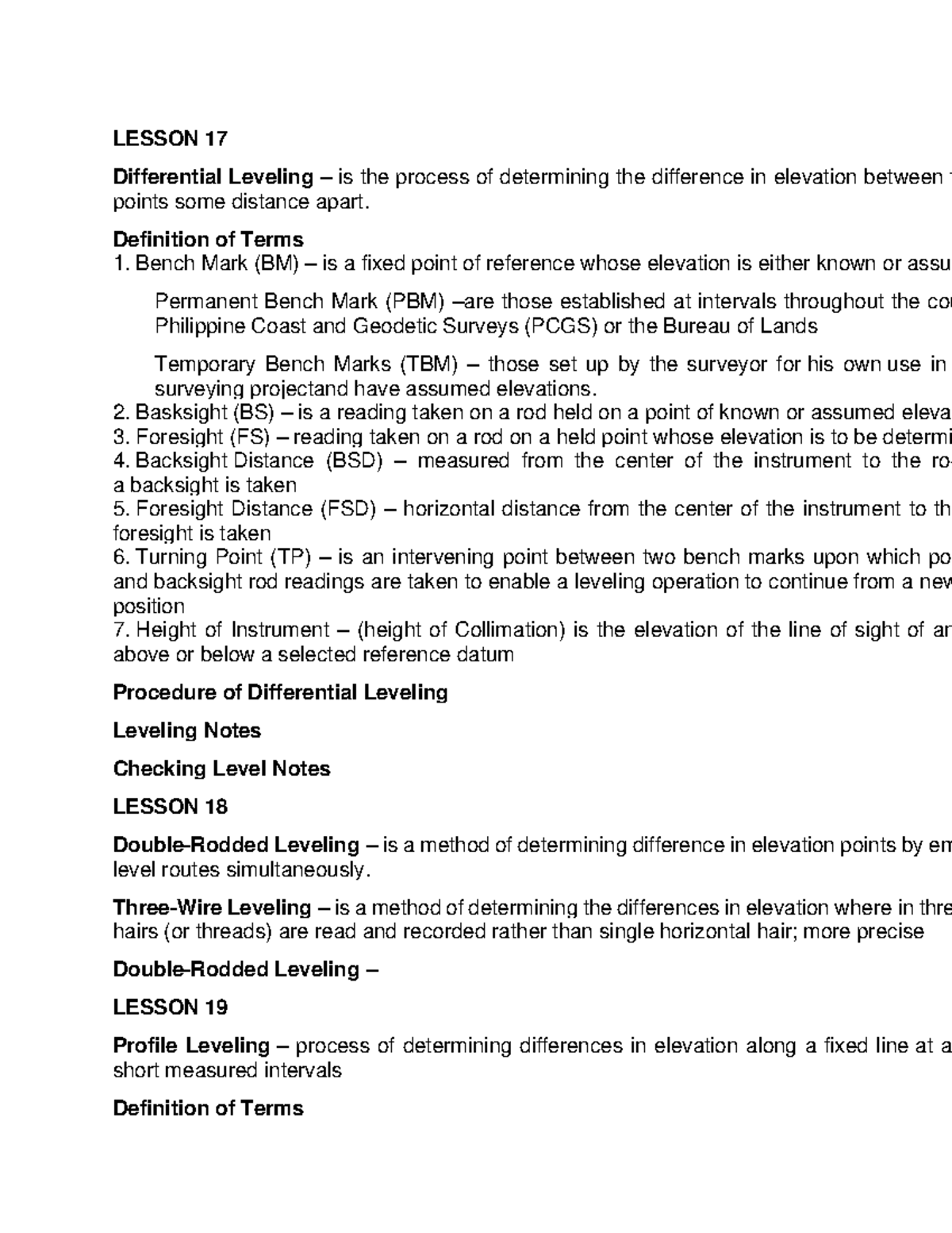 Lesson 17 - 23 summary - LESSON 17 Differential Leveling – is the ...